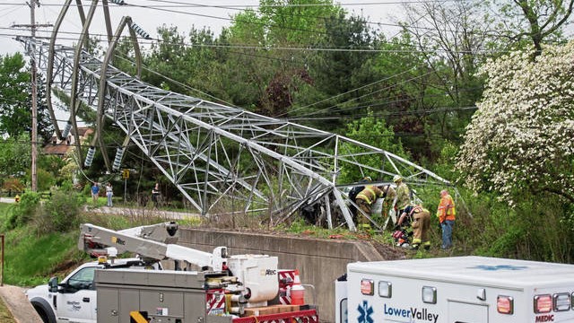 Man airlifted to hospital after crash causes transmission tower to fall ...