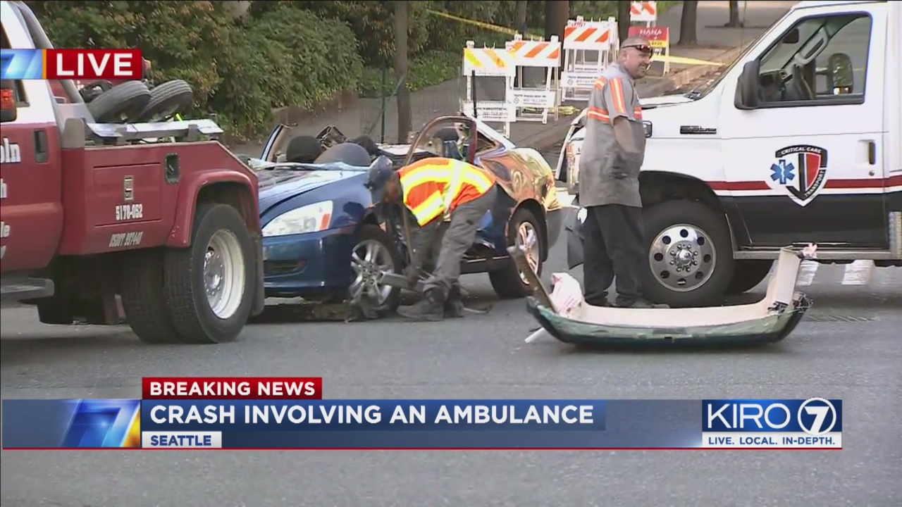 Ambulance carrying critical patient T-bones car – KIRO 7 News Seattle