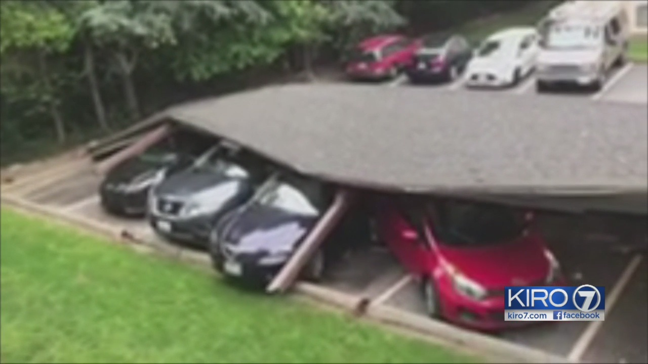 Vehicle rams into cars, causes carport to collapse on them