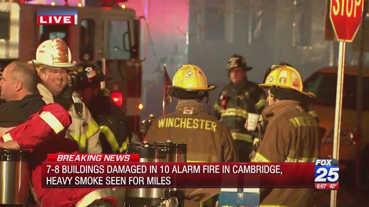 10 alarm fire burns for hours in Cambridge