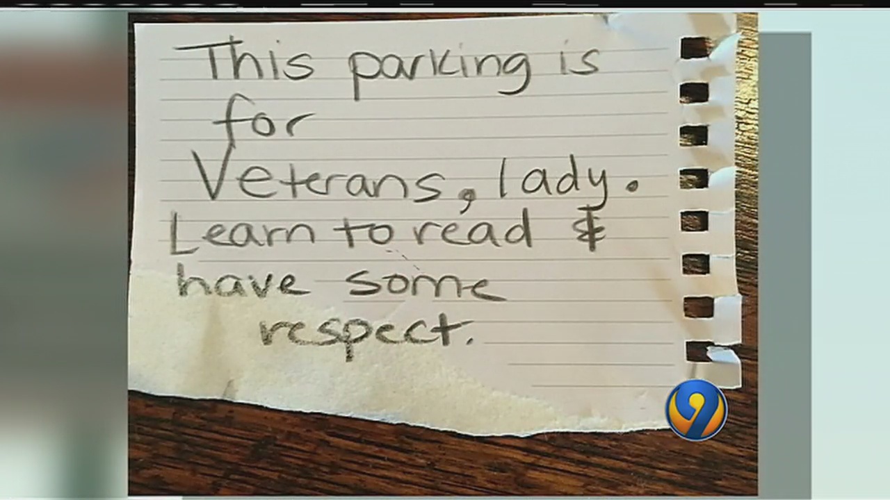 Woman responds to rude note left on car in veteran parking spot – WSOC TV