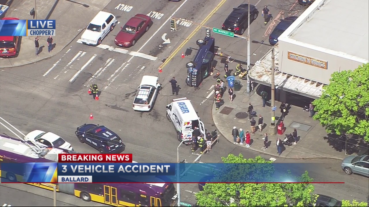 3-car crash in Ballard sends 1 to the hospital – KIRO 7 News Seattle